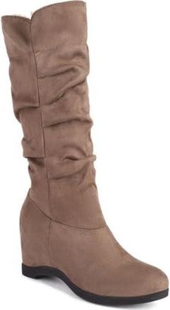 Generic Bottes à bout rond et talon compensé pour femme - Tendance - Plissées - Large mollet - Chaussures souples à enfiler, kaki, 39.5 EU