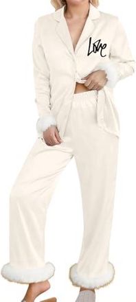 Generic Ensemble de pyjama d&eacute;contract&eacute; et confortable pour la Saint-Valentin 2026 pour femmes, chemise &agrave; manches longues, pantalon, deux ensembles, beige, XXL