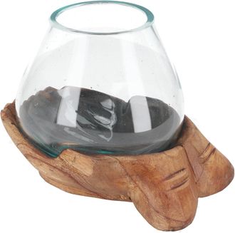 Guru Shop Vase, Teelichtglas aus Mundgeblasenem Glas auf gebenden Händen - Teak L, 15x20x13 cm
