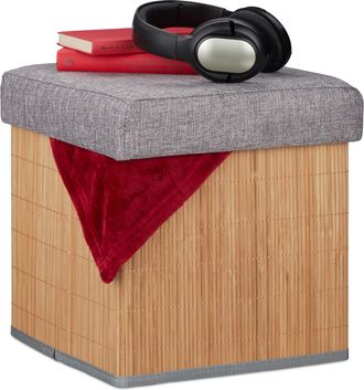 Relaxdays Sitzhocker mit Stauraum, gepolstert, faltbar, Bambus, Stoff, HxBxT: 36 x 35 x 35 cm, Sofahocker, natur/grau