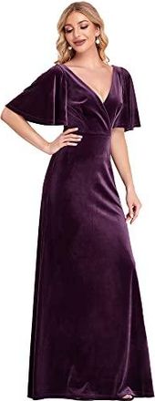 Ever-pretty Robe de Soir&eacute;e Col en V Velours A-Line &Eacute;l&eacute;gante R&eacute;tro Manches Courtes Femme Violet Fonc&eacute; 36