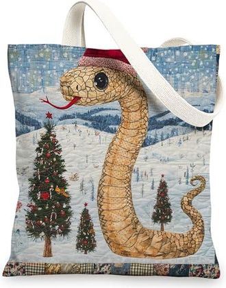 Generic Sac fourre-tout en toile de serpent de No&euml;l pour faire du shopping, 33 x 38,1 cm, motif for&ecirc;t enneig&eacute;e, sac d&eacute;picerie r&eacute;utilisable pour femme, peintur