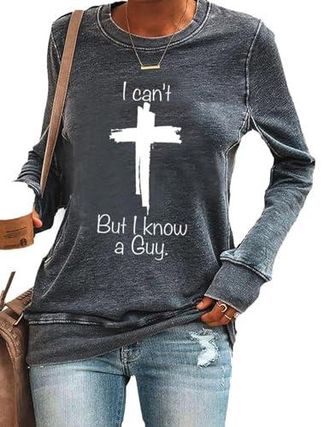 Generic T-shirt graphique &agrave; manches longues avec inscription &laquo; I Cant But I Know A Guy Cross &raquo; pour femme - Automne et hiver, gris, XXL