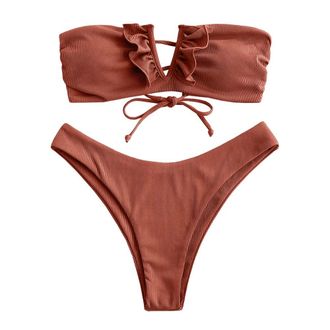 Zaful V-Verdrahtet Gerippt Fest Hoher Schnitt Bandeau Bikini Set Gepolstert Zwei St&uuml;cke Badeanzug Bademode f&uuml;r Damen (C-Braun,S)
