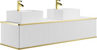 Vente-Unique Waschbeckenunterschrank hängend mit quadratischem Doppelaufsatzwaschbecken - Streifenoptik - Goldfarbene Umrandung - Weiß - 150 cm - KELIZA