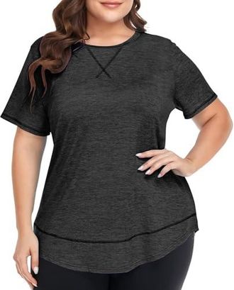 Generic T-shirt de sport &agrave; manches courtes pour femme - Grande taille - Coupe ample - Pour gym, yoga, fitness, Noir, 3XL
