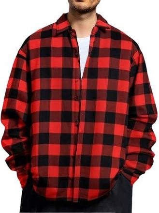 Generic Chemise &agrave; manches longues pour homme &agrave; carreaux - Coupe ample - Chemise &agrave; carreaux avec boutonni&egrave;re - Col rabattu - Chemise de travail - Confortable -