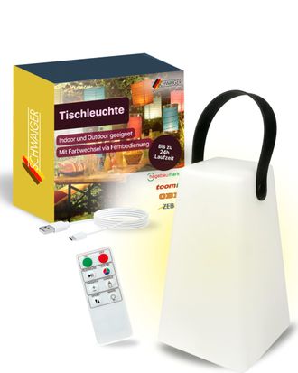 Schwaiger Tischleuchte I LED Tischlampe mit Fernbedienung I Akku-Lampe mit Farbwechsel im RGB Spektrum I IP44 gesch&uuml;tzt und aufladbar per USB-C I kabellose Lamp