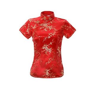 ACVIP Chemisier chinois à manches courtes pour femme avec col montant et brocart Qipao, Rouge, 40-42