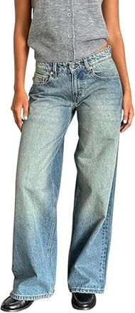 Generic Jean &agrave; jambes larges pour femmes UK Y2k taille basse, jean baggy boyfriend, coupe droite, jambe large, &eacute;tirable, jean long en denim, pantalon d&eacute;contra
