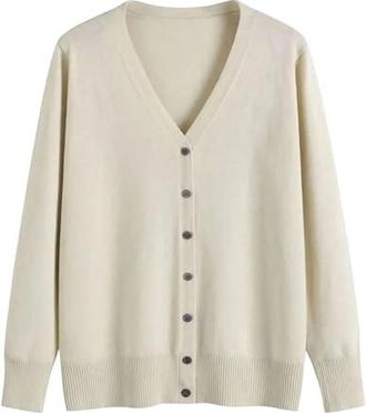 Generic Cardigan en tricot &agrave; col en V pour femme avec bordure c&ocirc;tel&eacute;e &agrave; manches longues simple boutonnage &eacute;l&eacute;gant, beige, Taille XS