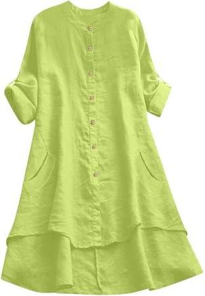 Generic Chemise basique unie à manches longues pour femme - Coton et lin de couleur unie avec poches - Chemisier fin à manches longues - T-shirt - Vêtements p