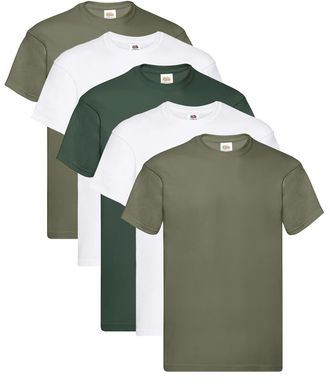 Fruit Of The Loom Herren T-Shirt Original T M L XL XXL 3XL 4XL 5XL auch Farbsets, 2Weiss 2Olive 1Flaschengr&uuml;n, 3XL (5er Pack) + 1HL-Kauf Notizblock