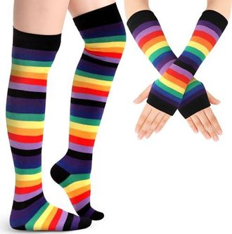 Blulu Chaussettes Hautes Rayées Gants Longs Rayés Bas à Rayures Mitaines Rayées sans Doigts(Noir arc-en-ciel)