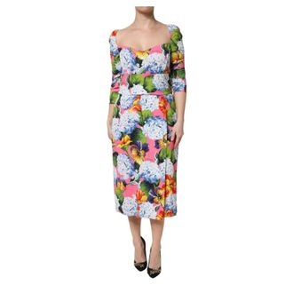 Dolce & Gabbana Robe Midi Fourreau Pliss&eacute;e &agrave; Fleurs - Femme - Robes - Multicolore - Taille: 46 FR