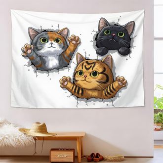 Generic 150x100cm Katze Durchbricht Die Wand Wandteppich Wandteppiche Mit 3D-Cartoon-Tier, Mehrfarbig Wandtuch F&uuml;r Schlafzimmer Wohnheimzimmer Dekoration