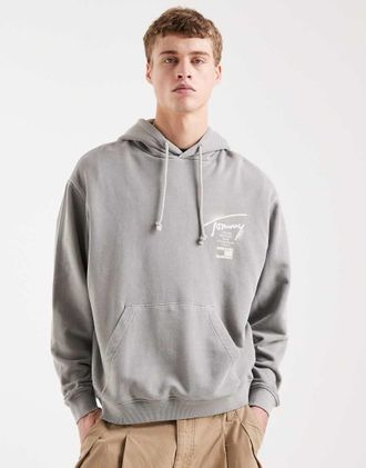 Tommy Jeans Sweat &agrave; capuche d&eacute;contract&eacute; avec logo enseigne lumineuse fluo - Gris