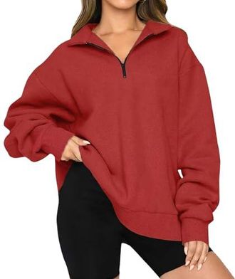 Generic Sweat &agrave; capuche zipp&eacute; surdimensionn&eacute; en polaire avec demi-fermeture &eacute;clair pour femme, Rouge, 3XL