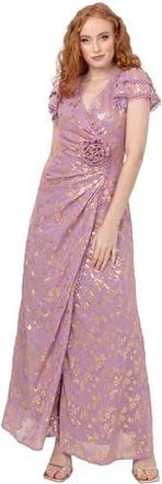 Maya Womens Maxi Dress Ladies Wrap V-Neck Short Tiered Flutter Sleeve Gold Foil Jacquard Corsage A-Line Prom Ball Gown, Orchid Pink, 46