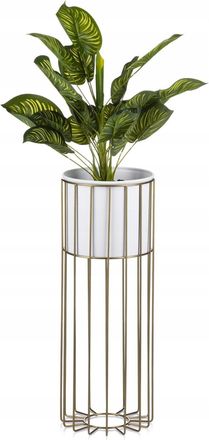 HowHomely Moderne Blumenst&auml;nder Metall 55 cm Hoch mit Wei&szlig; Blumentopf Rund 19 cm &Oslash; auf Robuste Gold St&auml;nder - Pflanzenst&auml;nder zur Dekoration Innenr&auml;umen