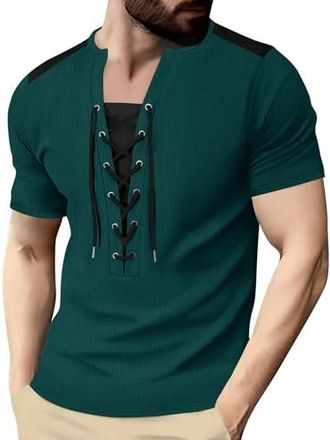 Generic Chemise d&eacute;t&eacute; l&eacute;g&egrave;re Henley pour homme - Col en V - Manches courtes - Motif gaufr&eacute; - Chemise d&eacute;contract&eacute;e - Polo avec lacets - Chemise &agrave; manches courte