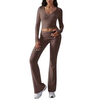 Generic Ensemble de v&ecirc;tements de d&eacute;tente pour femme &agrave; deux revers, veste formelle &agrave; manches longues + pantalon, veste ample, marron chocolat, ensemble assorti