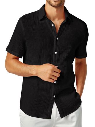 Onsoyours Hemd Herren Kurzarm Button Down Sommerhemd Musselin Leicht Strand Freizeit Businesshemd A Schwarz L