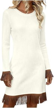 Generic Robe tunique d&eacute;contract&eacute;e en tricot &agrave; manches longues pour femme - Col rond - Ourlet &agrave; franges - Style boh&egrave;me - Pour le printemps et l&eacute;t&eacute;, blanc, XL