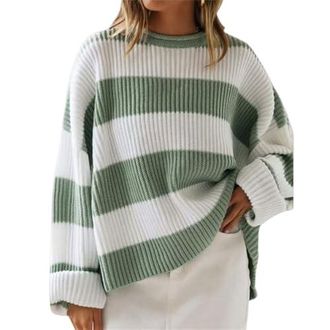 Generic Pull &agrave; col rond ray&eacute; et c&ocirc;tel&eacute; pour femme - Pull dautomne et dhiver &agrave; manches longues, Vert, XL