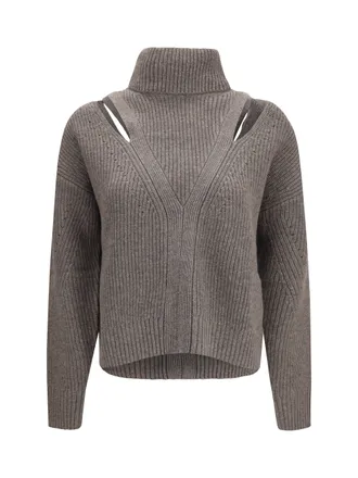 P.A.R.O.S.H. Womens Sweater High-Neck Perforated Shoulders Light Greige