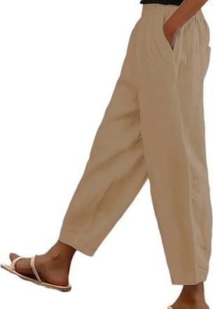 Generic Pantalon en coton et lin pour femme - Jambe large - Pantalon de plage d&eacute;t&eacute; pour femme - Confortable - Pantalon de yoga Palazzo XIYU26006, kaki, XXL