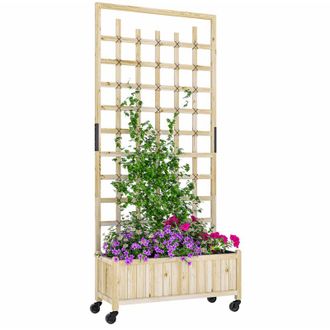 OUTSUNNY Jardini&egrave;re avec treillis - Outsunny - avec roues - pour plantes grimpantes, l&eacute;gumes - bois massif - 82,5x35x186cm - bois naturel