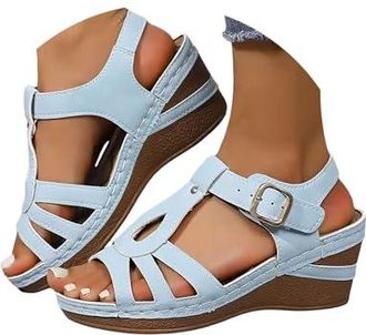 Generic Sandales compens&eacute;es orthop&eacute;diques pour femme 2025 - Sandales d&eacute;t&eacute; habill&eacute;es en li&egrave;ge - Bout ouvert - Sangle de cheville - Style boh&egrave;me - Confortables 