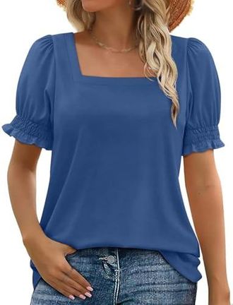 Generic T-shirt d&eacute;contract&eacute; &agrave; col carr&eacute; et manches smock&eacute;es pour femme - Haut &agrave; volants - Manches bouffantes - V&ecirc;tements tendance, bleu, XXL