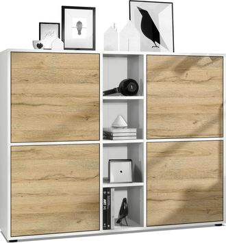 Vladon Highboard Cuba V3, Made in Germany, Weiß matt/Eiche Natur - Moderne Anrichte mit 12 Fächern (130,5 x 105,5 x 35,5 cm)