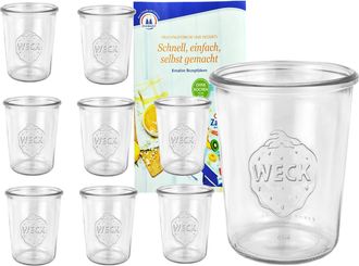MamboCat 9er Set Original WECK 3/4-Liter Sturzglas, 850 ml, Rundrandglas RR100 + GRATIS Rezeptheft, großes Einmachglas, Einweckglas, Einlegen + Einkochen + Kon