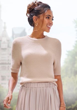 Lascana Kurzarmpullover LASCANA, Damen, Gr. 32/34, beige (sand), Rippstrick, Obermaterial: 80% Polyamid, 15% Viskose, 5% Polyester, unifarben, figurumspielend
