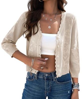 Kate Kasin Bol&eacute;ro court pour femme - Cardigan &agrave; manches 3/4 - &Eacute;l&eacute;gante veste en tricot - Col en V avec bouton, beige, XXL