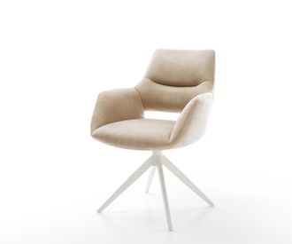 DELIFE Drehstuhl Yago-Flex mit Armlehnen Mikrofaser Beige Vintage Kreuzgestell breit Wei&szlig; 360&deg; drehbar Wippfunktion Taschenfederkern, Esszimmerst&uuml;hle