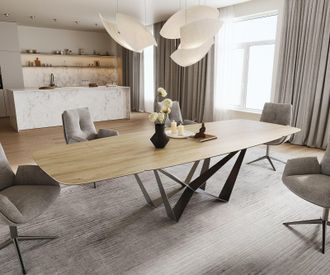 DELIFE Esstisch Edge Boot 200-300x120 cm Keramik Laminam Sabbia Eichefarbig Spider Flachstahl Edelstahl Graphit ausziehbar, Esstische