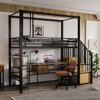 Generic Hochbett, 90x200cm Eisenbett, Eisen + MDF, Treppe mit einer Garderobe und Ablagef&auml;chern, Acrylplatte Fenster mit magnetischer Anziehungskraft, freie G