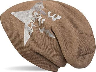 styleBREAKER Bonnet tricot&eacute; Beanie en Laine Fine Chaude avec Un imprim&eacute; Vintage en Forme d&eacute;toile et Une Doublure int&eacute;rieure tr&egrave;s Douce, Longbeanie Slouch, Unisexe 