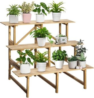 OUTSUNNY 3-Etagen Pflanzenständer, klappbarer 78 cm hoch Blumenständer für Innen Außen, Pflanzenregal aus Holz, Blumentopfständer mit Tabletts, Blumentreppe