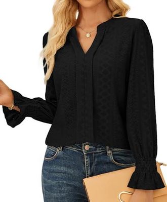 Grace Karin Femme Haut Manches Longues Col Henley en V Ajouré Texturé Noir M