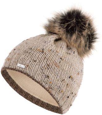 Faera M&uuml;tze Damen Winterm&uuml;tze warm gef&uuml;ttert mit Kunstfell Bommel-M&uuml;tze Fleecefutter Winter Strickm&uuml;tze Beanie 63, Farbe:Beige