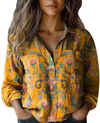 Generico Chemise Femme d&Eacute;t&eacute; &Eacute;l&eacute;gant Manches Longues Chemises en Lin Coton Curvy Respirant Blouse Col en V Mode T Shirt Vintage Imprim&eacute; avec Boutons Classique C