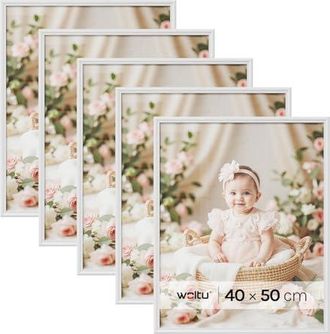 Woltu Lot de 5 Cadre Photo 40x50cm Cadre en Bois Massif avec Passe Partout, Suspendre Horizontalement ou Verticalement, D&eacute;coration Murale ou sur Table, Blan