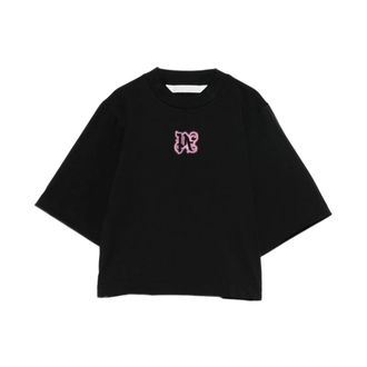 Palm Angels Femme, Tops, Noir, Taille: 38 FR Logo Print Boxy Crew Neck T-Shirt