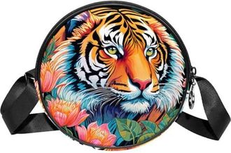 Generic Petit sac &agrave; bandouli&egrave;re rond pour femme, motif fleur de tigre, sac &agrave; dos avec fermeture &eacute;clair, bretelles r&eacute;glables, sac &agrave; main rond d&eacute;contract&eacute; pour 