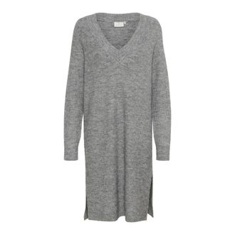 Kaffe Grau Melange Strickkleid mit V-Ausschnitt - - Dresses - Damen - Grau - XL